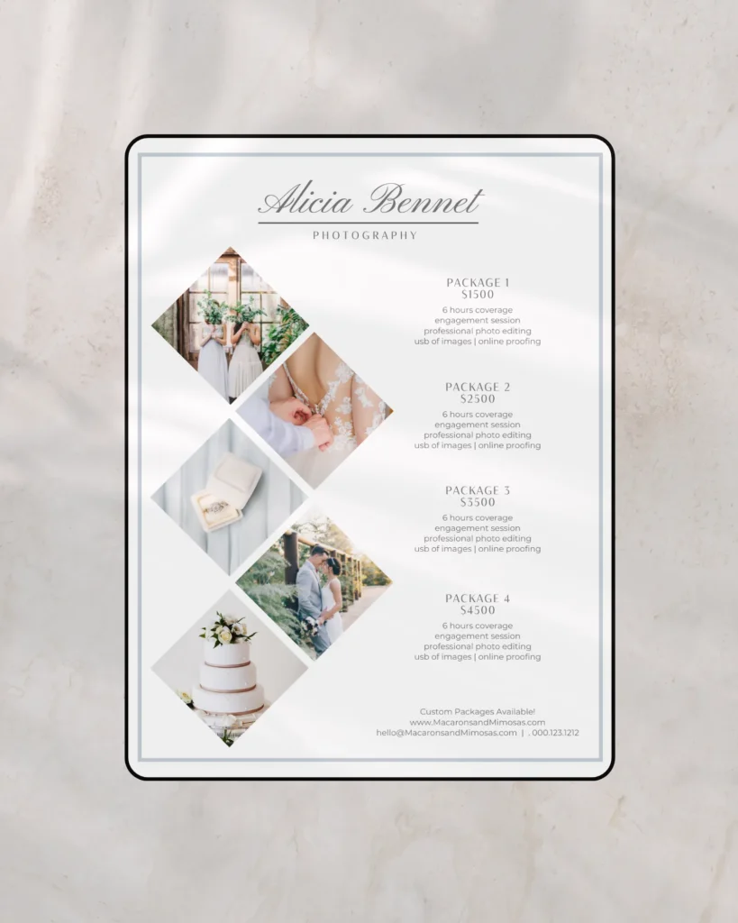 Photography Rate Sheet Template | Editable Canva Pricing Guide