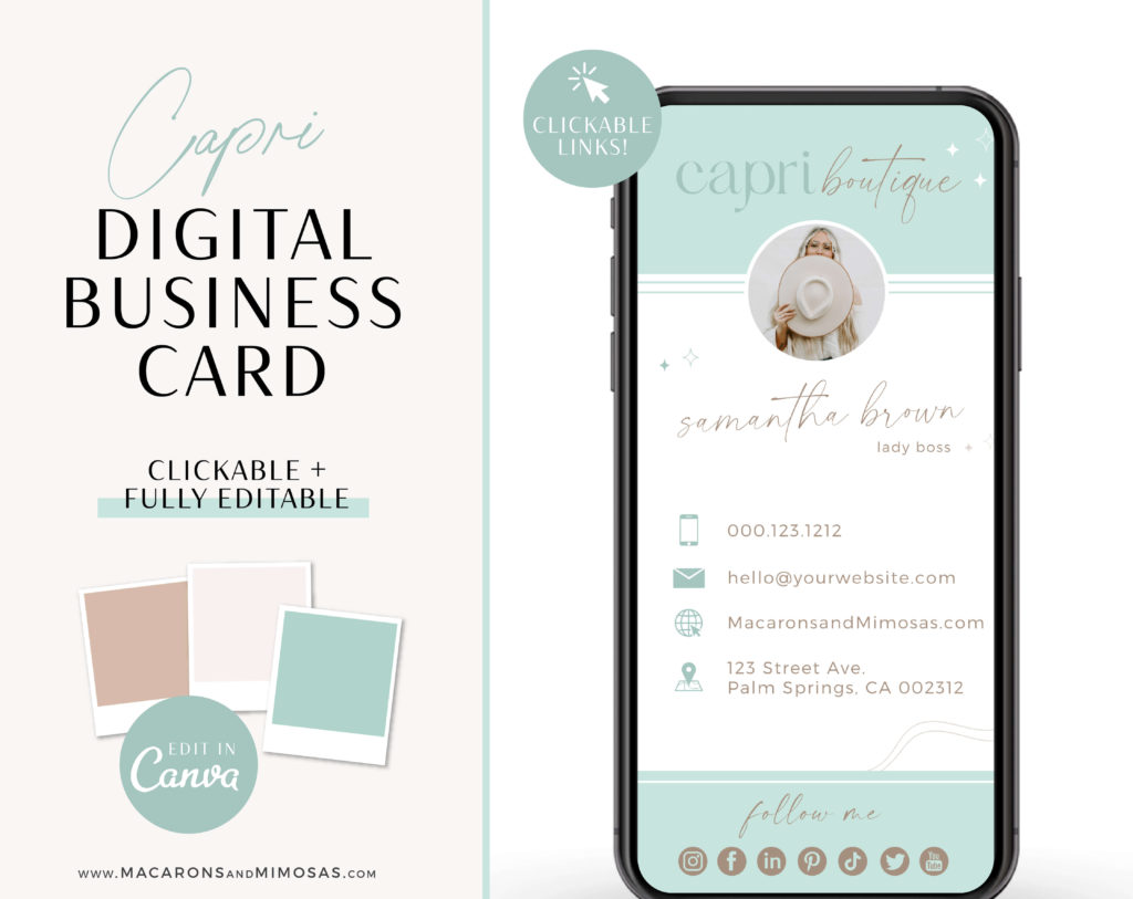 Digital business card with clickable links • Macarons and Mimosas