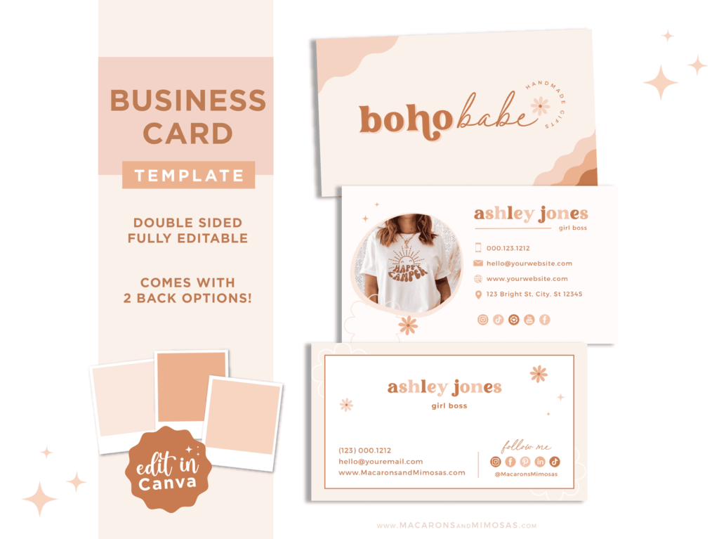 Neutral floral boho Business Card Canva • Macarons and Mimosas