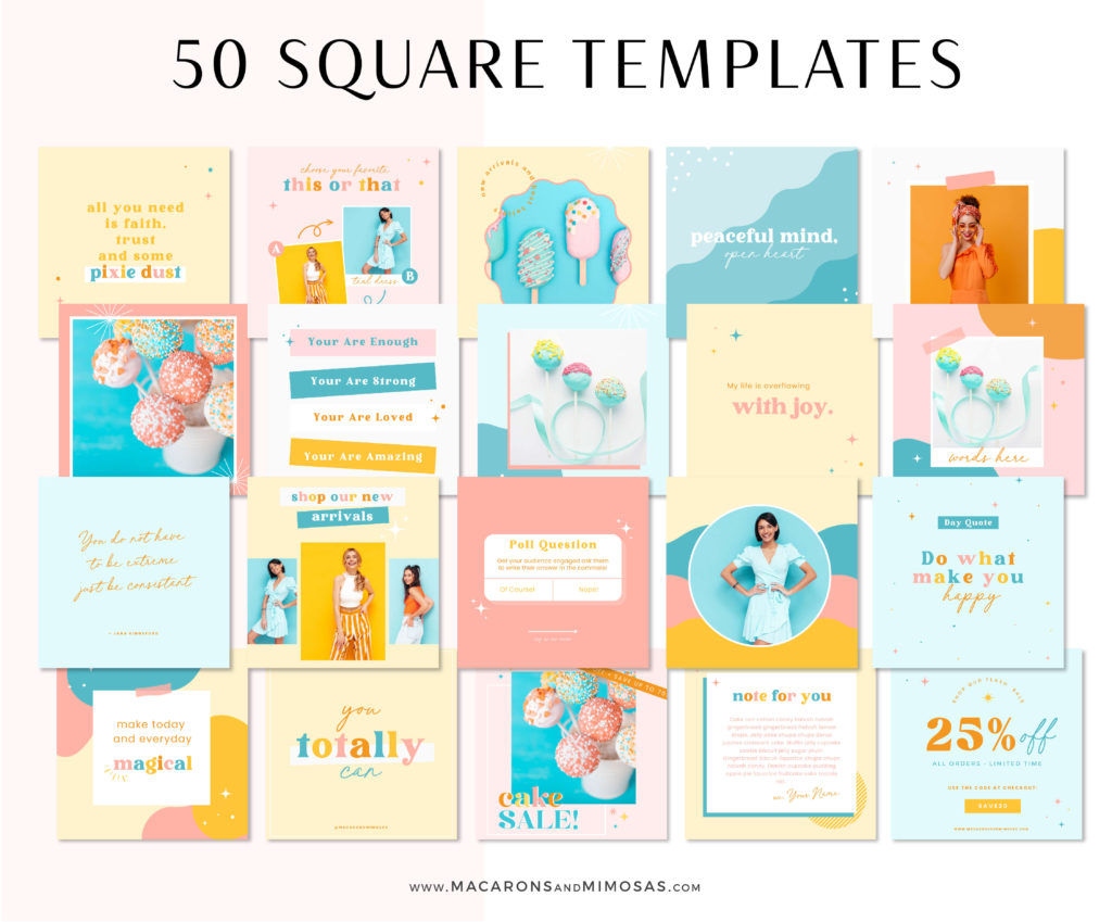 Bright Colorful Instagram post Templates • Macarons and Mimosas