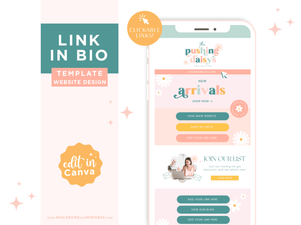 Retro Link in Bio Template for Canva • Macarons and Mimosas