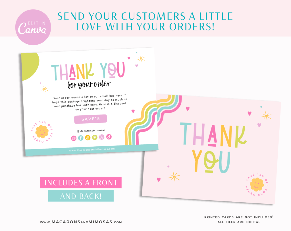 Rainbow Thank You Card Template for Canva • Macarons and Mimosas
